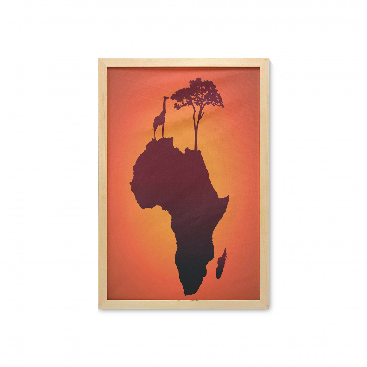 African Wall Art with Frame, Safari Map Continent Giraffe and Tree ...