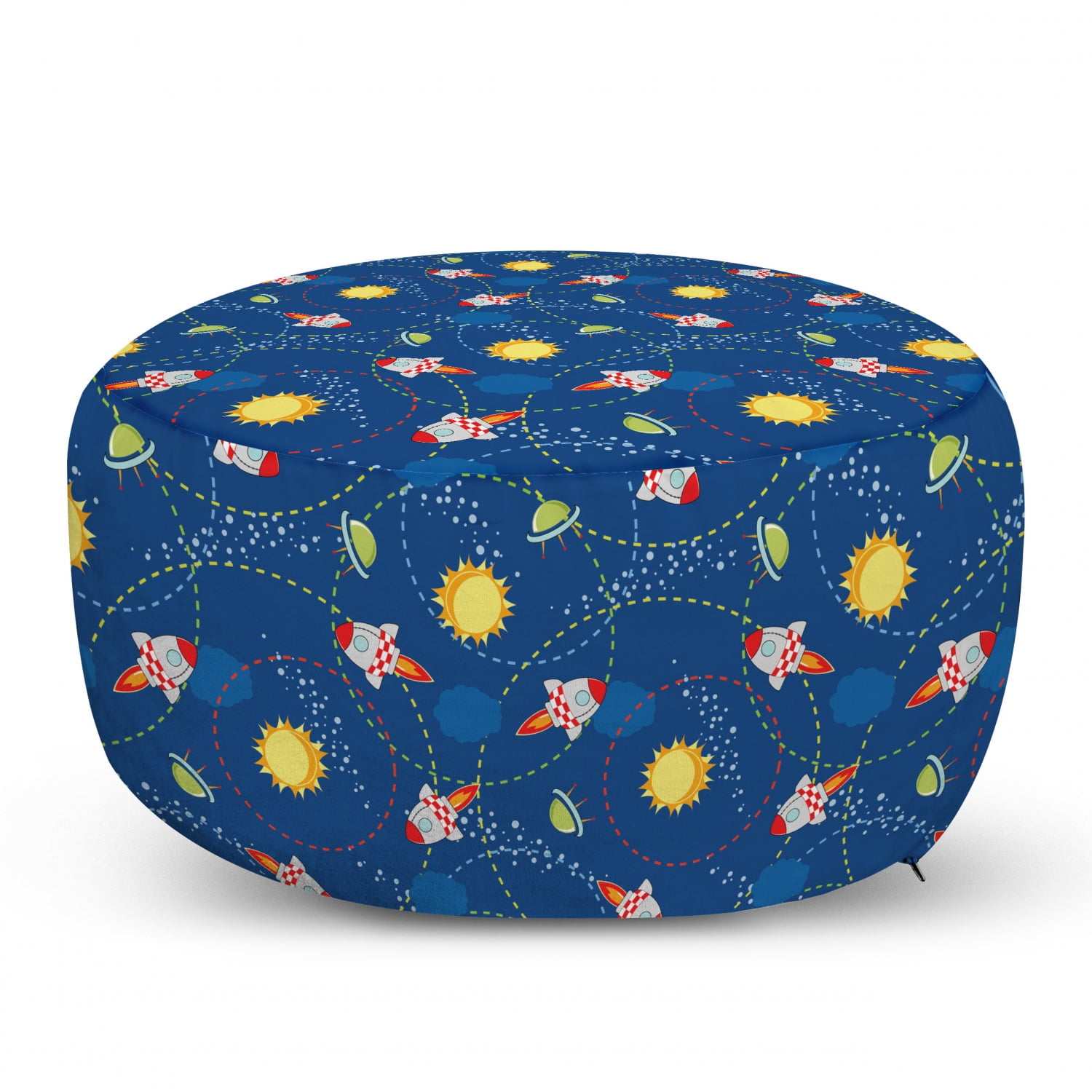 Space Pouf Cover with Zipper, Little Cartoon Rocket with Circular ...