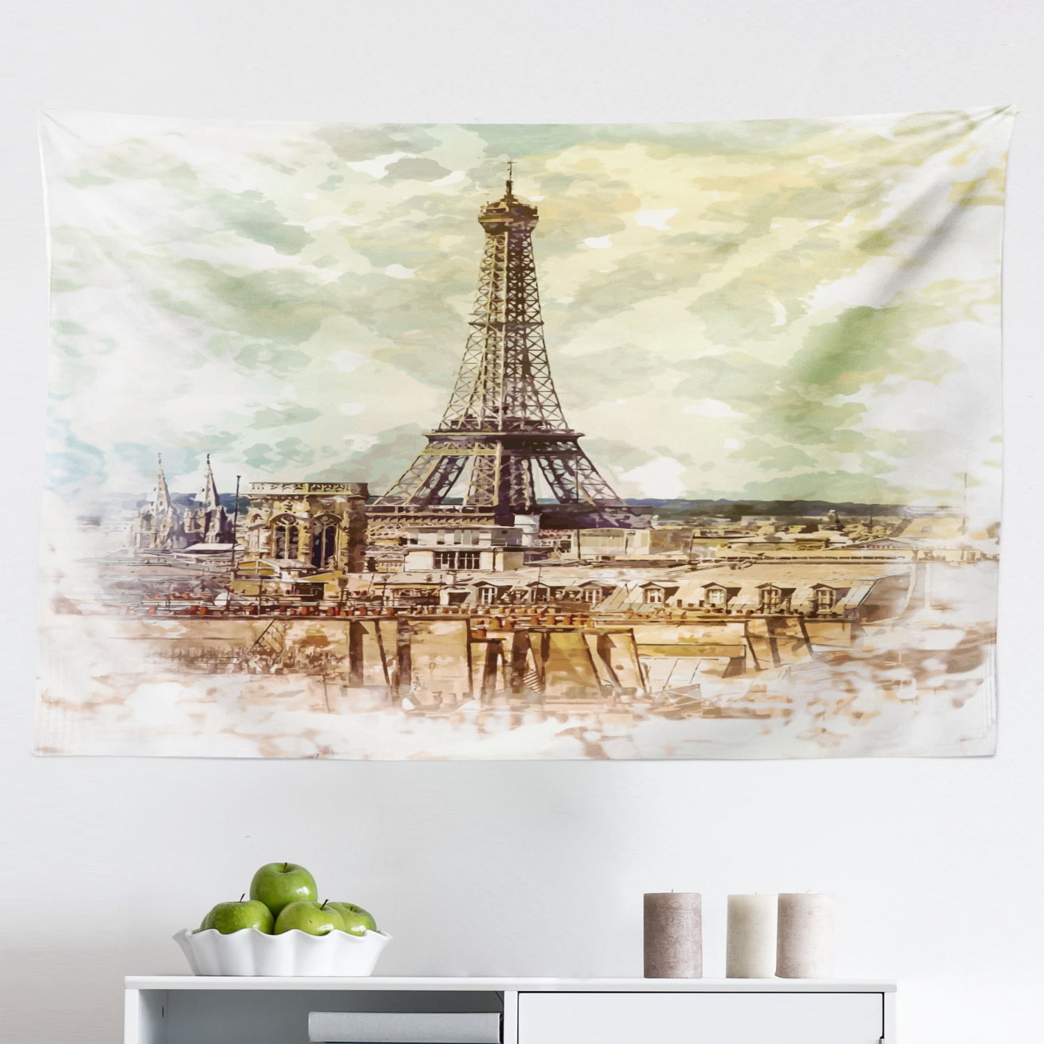 Eiffel Tower Tapestry, Watercolor Painted Linework Eiffel Tower ...
