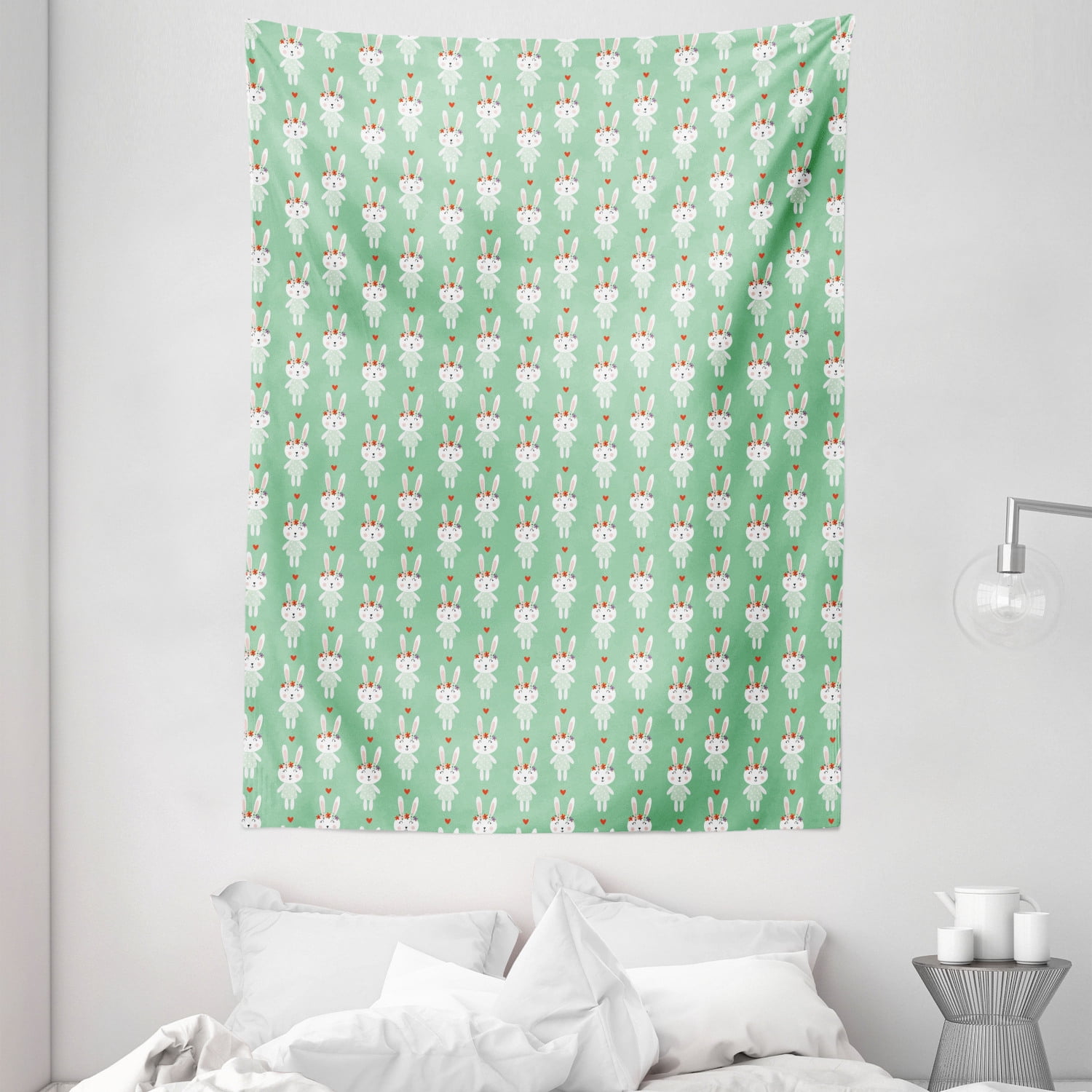 Bunny Tapestry, Cute Baby Rabbits with Dotted Dresses Flowers on Their ...
