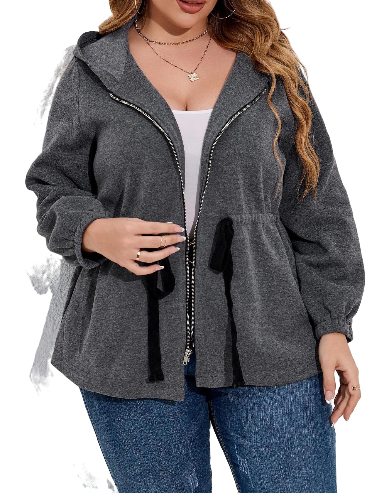 Long Plain Plus Size Jackets Long Sleeve Slight Stretch Dark Grey ...