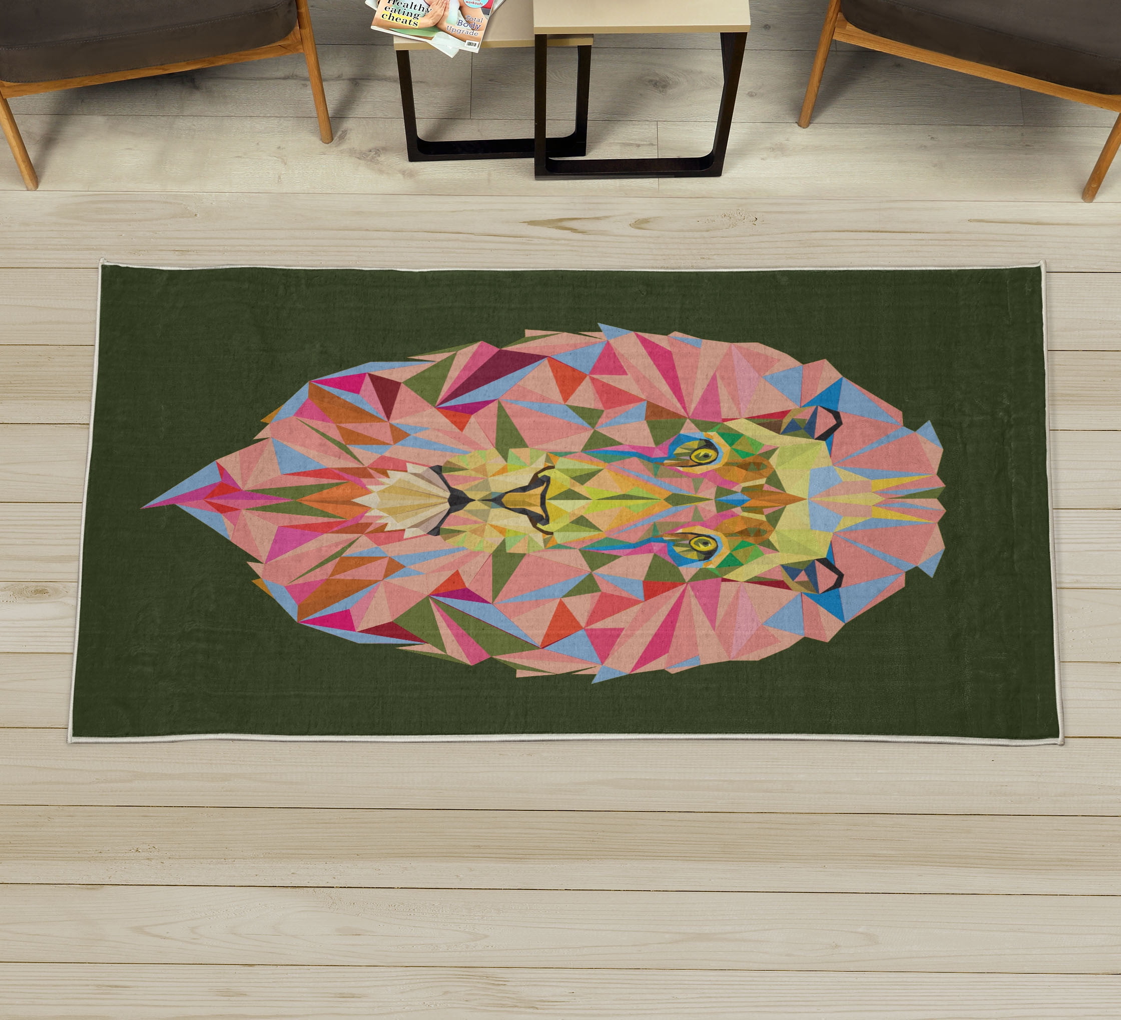 Zoo Decorative Rug, Colorful Animals Geometric Diamond Face Lions Mane ...