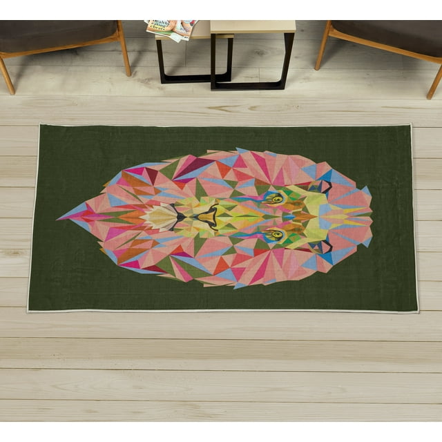 Zoo Decorative Rug, Colorful Animals Geometric Diamond Face Lions Mane ...