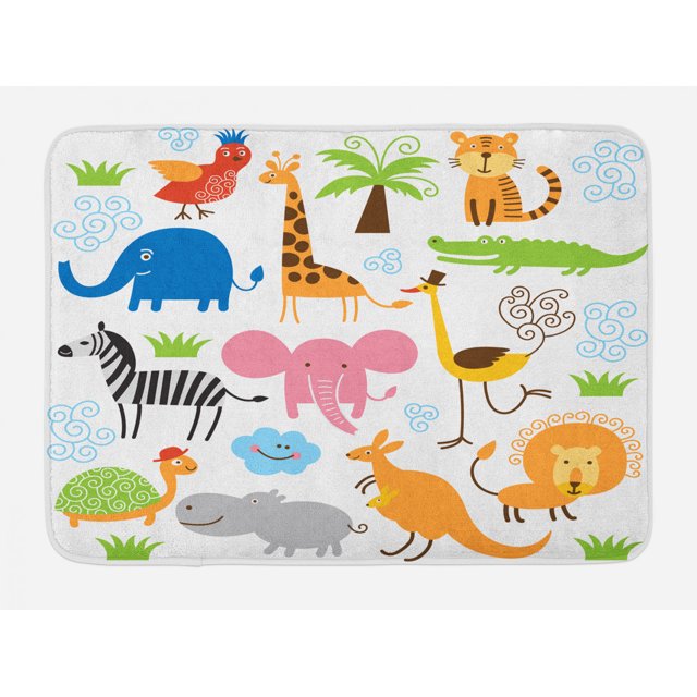 Animal Bath Mat, Cute Set of Giraffe Elephant Zebra Turtle Kids Nursery ...