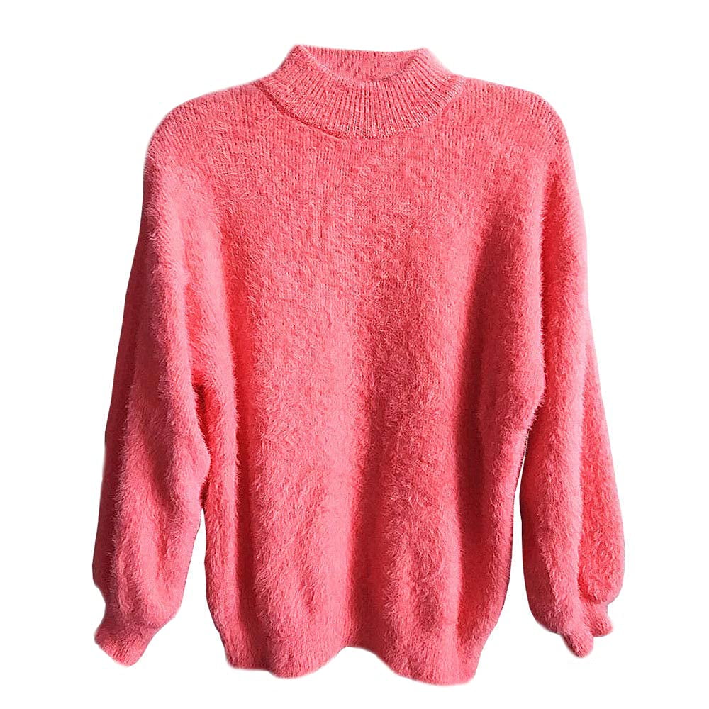 YM YOUMU Women Faux Mohair Fur Sweater Turtleneck Puff Sleeve Jumper ...