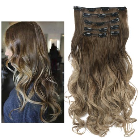 Gray Hair Extensions Clip in Curly Wavy 7 Synthetic Full Head Hairpiece ...
