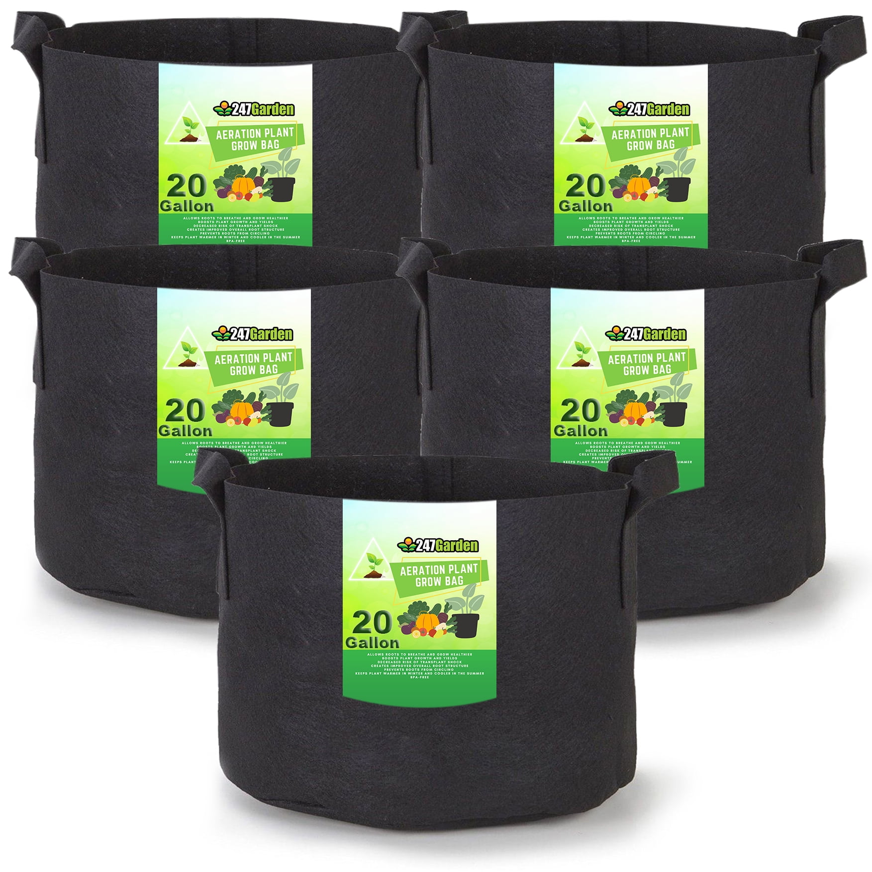 24/7 Garden 20-Gallon Grow Bags / Fabric Pots / Flower Planters (Black ...