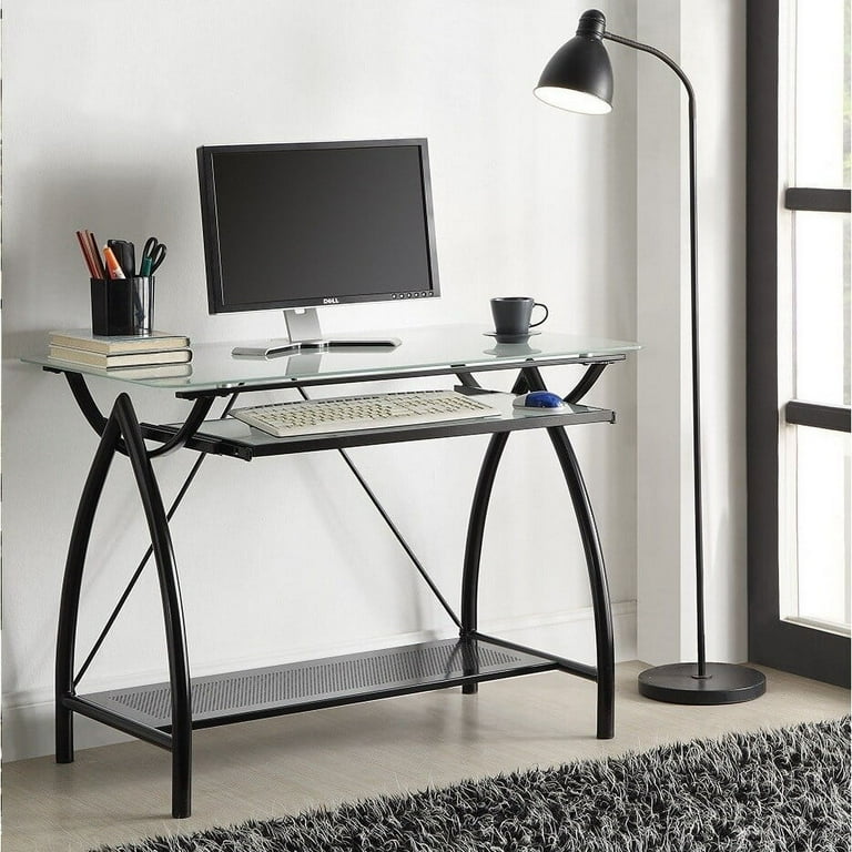 Glass top desk with keyboard tray store