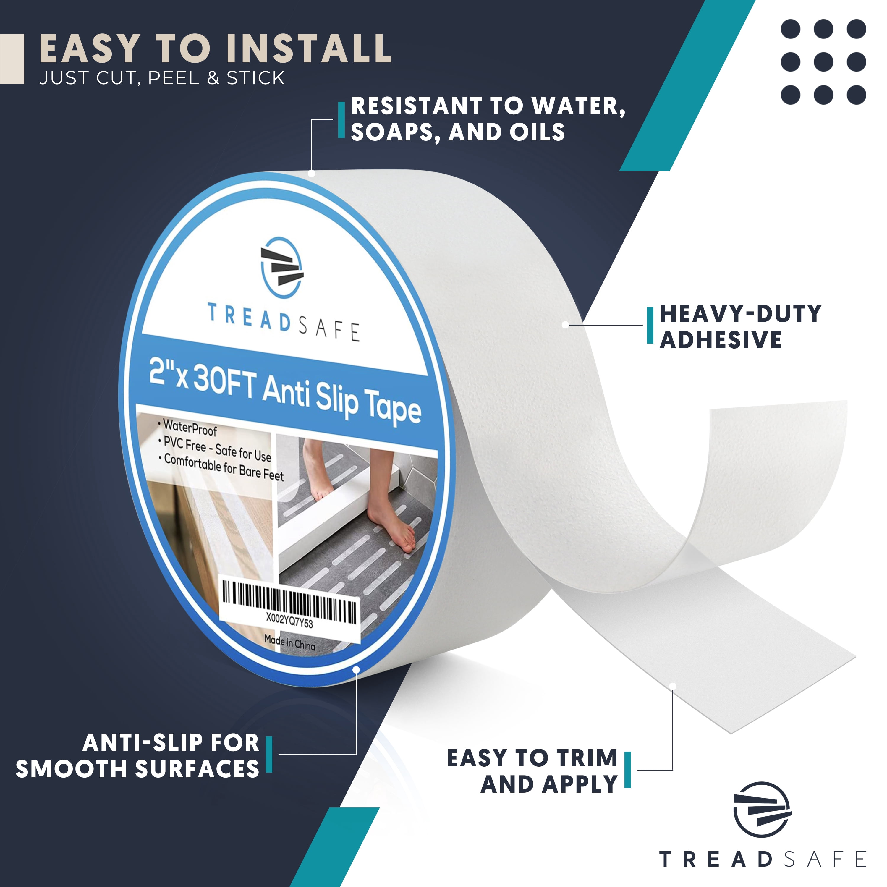 TreadSafe Clear Stair Treads Anti Slip Tape, 2" x 30ft Traction Tape ...