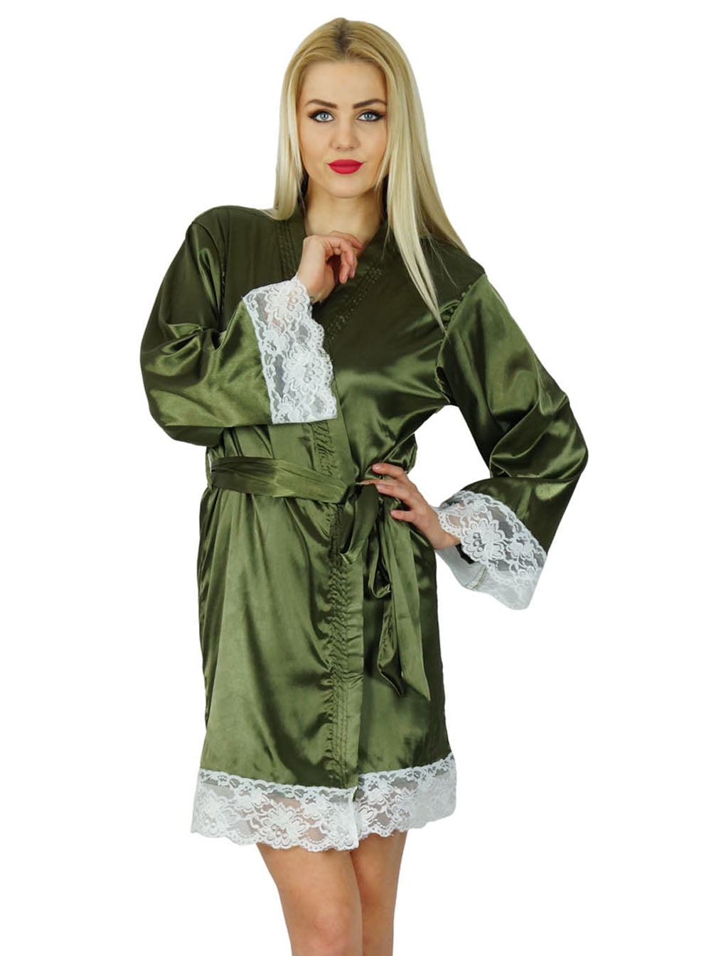 Bimba Women Kimono Sleeve Satin Short Robe Bride Bridesmaid Lace Robes ...