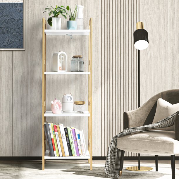 Canddidliike Wood Free-Standing Storage Rack with 4-Shelf, Bamboo Frame ...