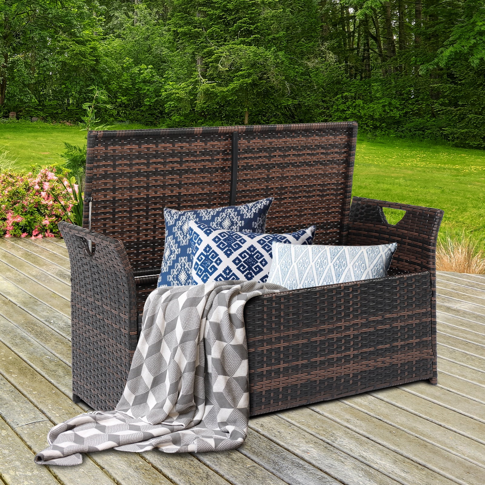 Seizeen Patio Storage Bench, Outdoor Wicker Deck Box, PE Rattan Patio ...