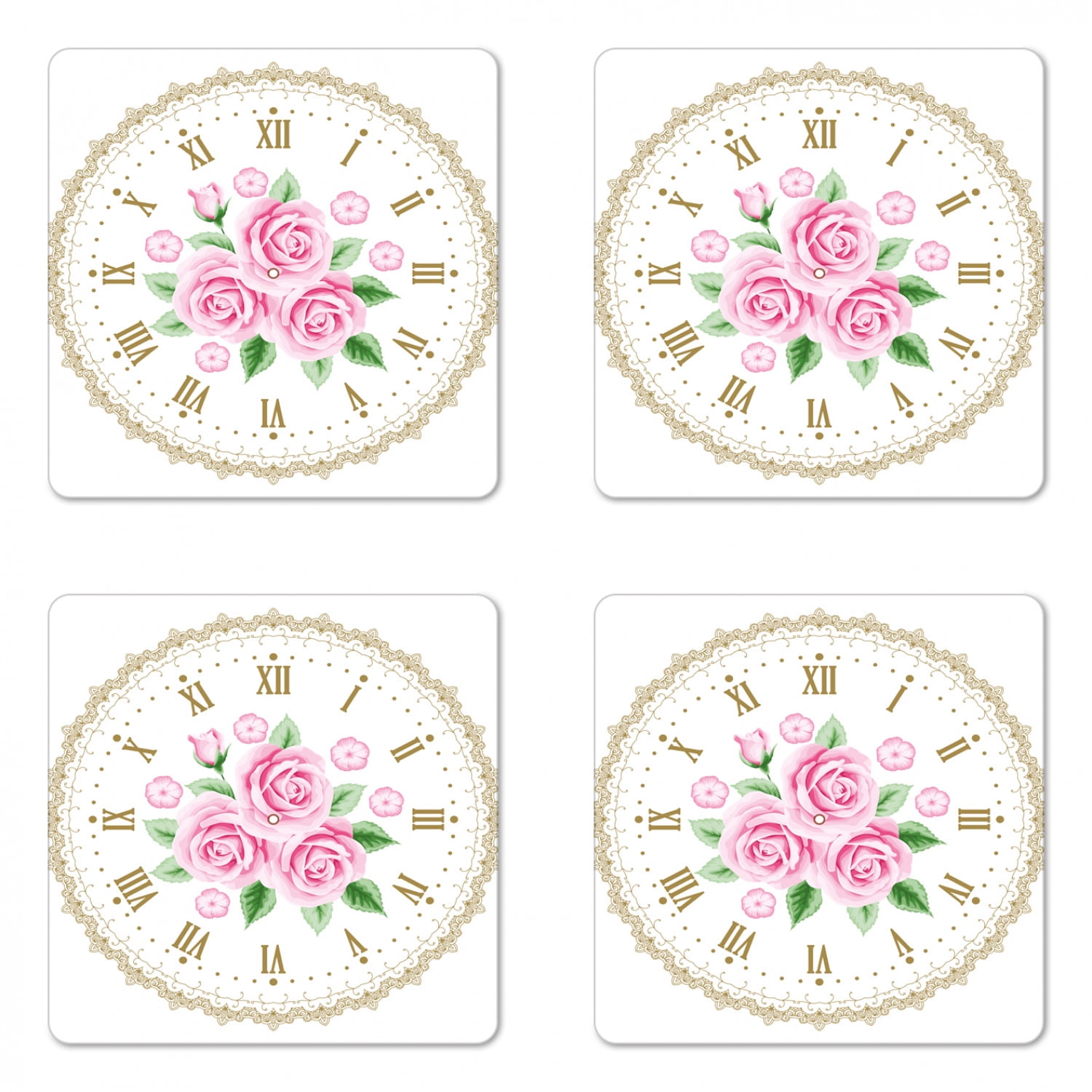 Shabby Flora Coaster Set of 4, Vintage Clock Face Roses Roman Numbers ...
