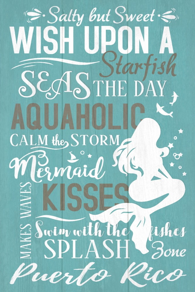 Puerto Rico, Mermaid Typography (36x54 Giclee Gallery Art Print, Vivid ...