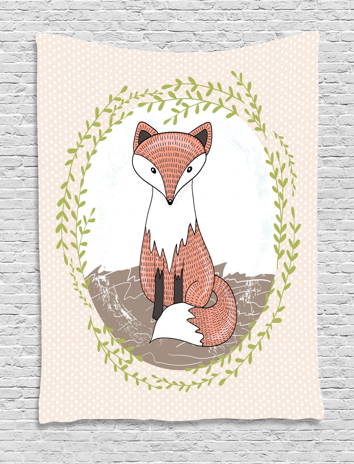 Fox Tapestry, Young Forest Animal Illustration for Children with Green ...