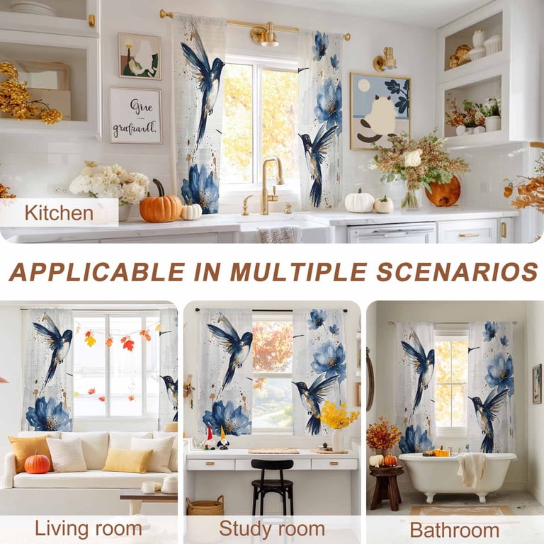 Semi Sheer Curtains Panels, Hummingbird Bird Blue Flower Gradient Rod ...