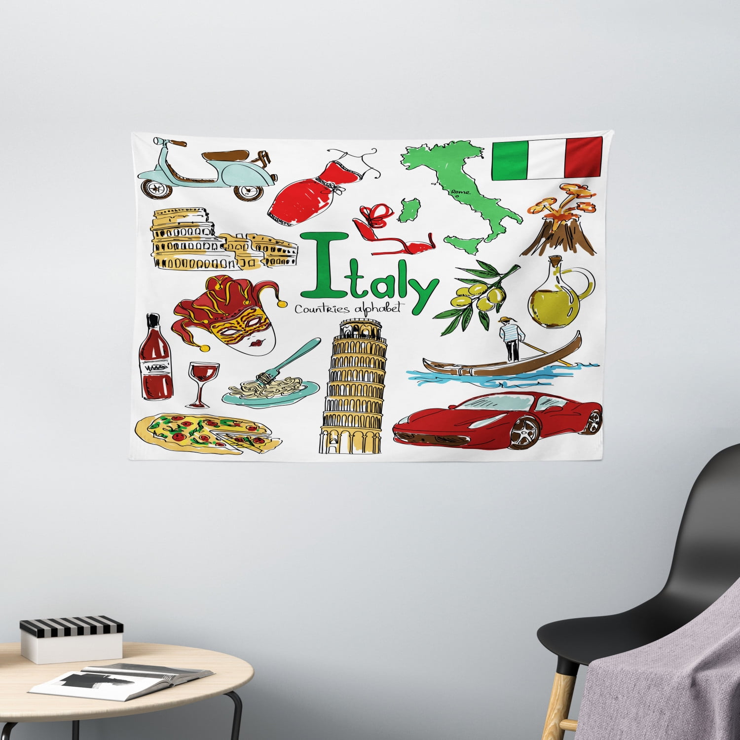 Italy Tapestry, Fun Colorful Sketch Collection Italy Icons Countries ...