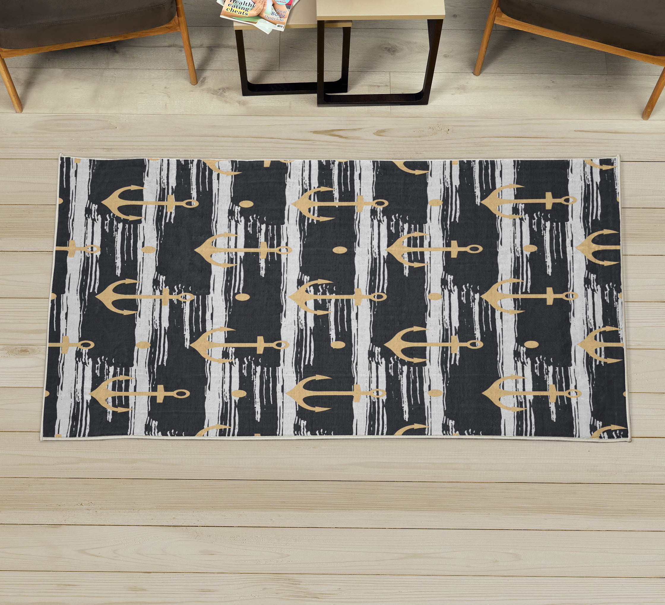 Marine Decorative Rug, Anchors and Skulls Crossed Bones Dots Pirate ...