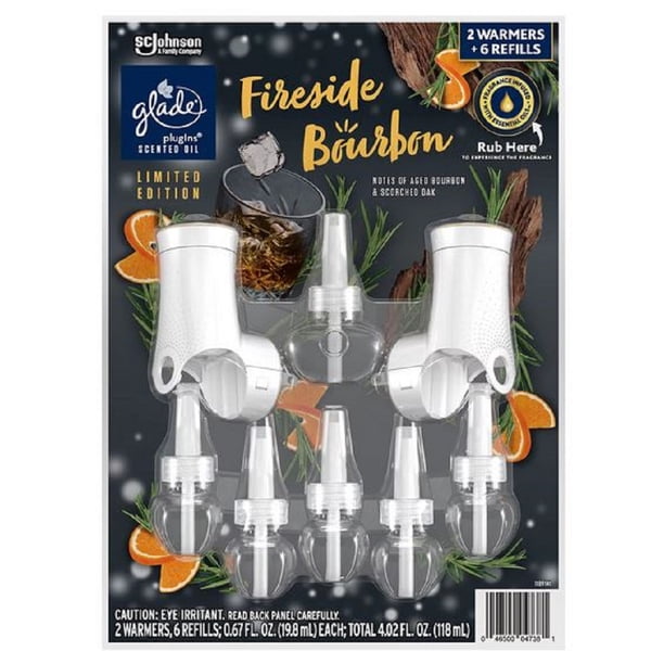 Glade PlugIns Scented Oil, 2 Warmers + 6 Refills, Fireside Bourbon ...