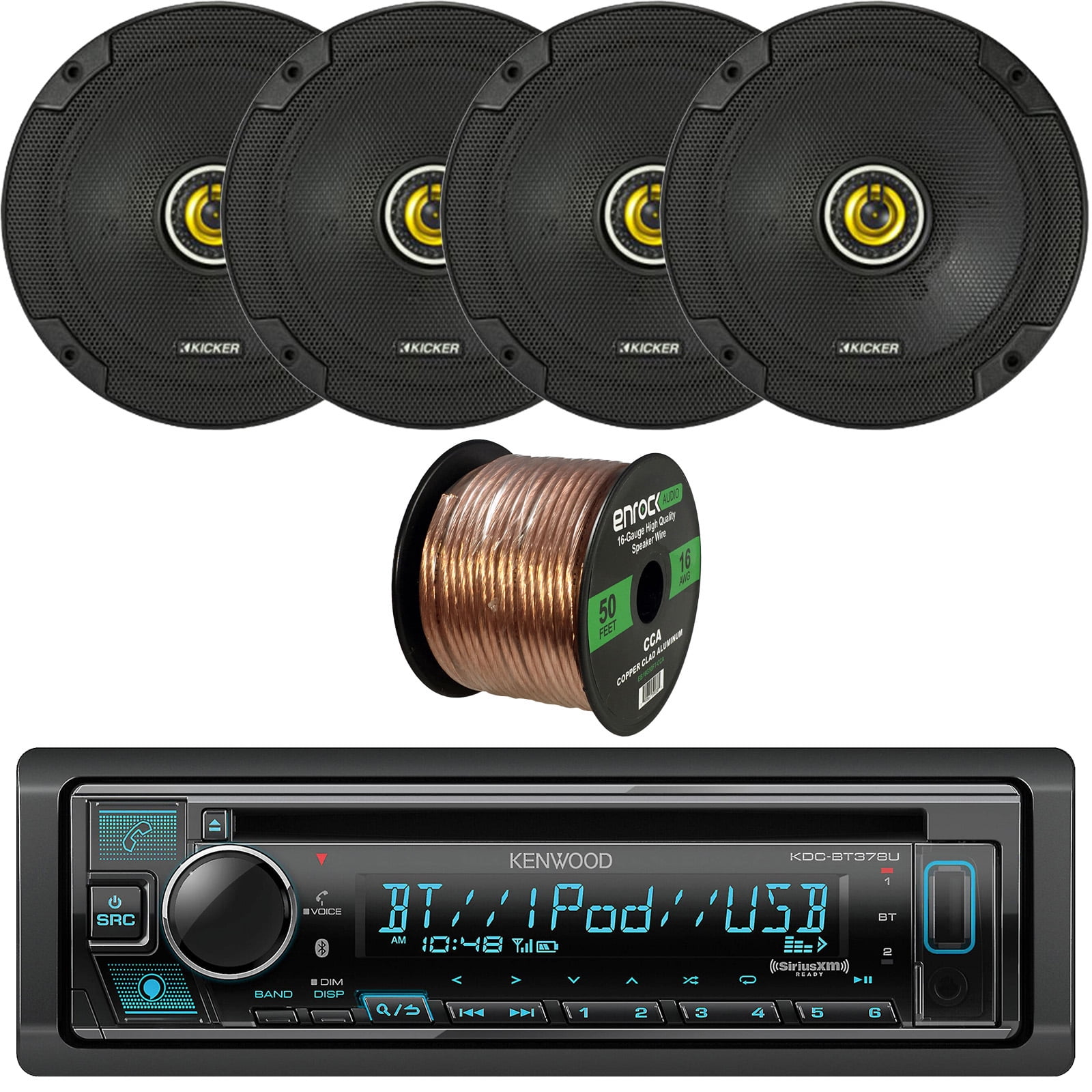 Kenwood Single DIN Bluetooth SiriusXM Ready CD Player Car Stereo Receiver, Kicker 6.75" 300W ...