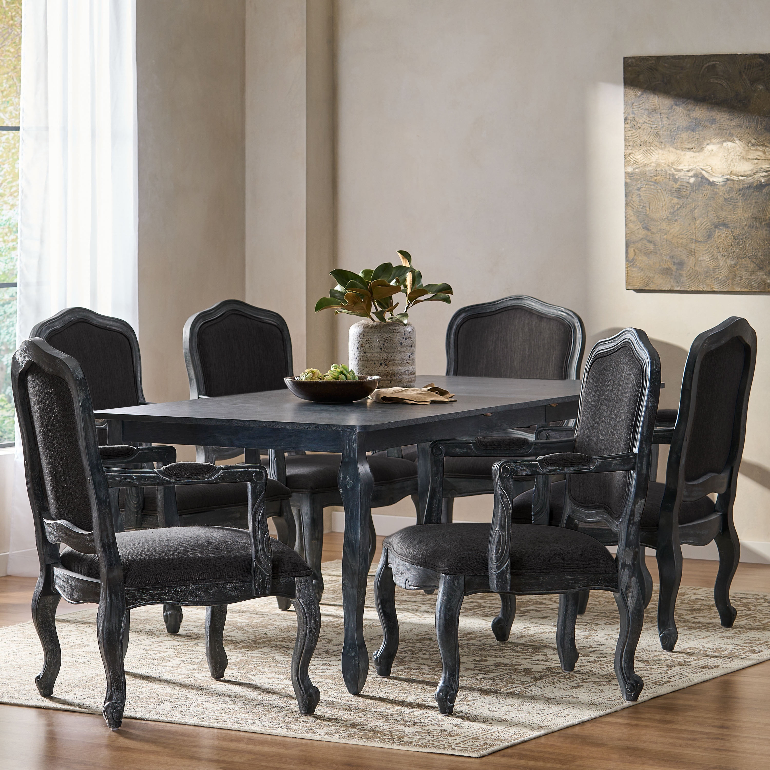 Noble House Birdsong Fabric Upholstered Wood Expandable 7 Piece Dining ...