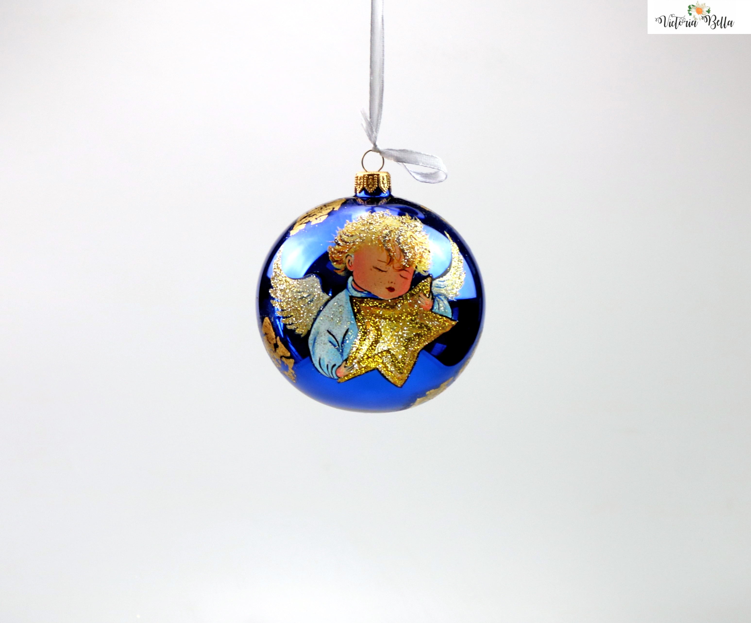 Victoria Bella 3.5-inch Hand-Painted Glass Blue Patterned Christmas ...