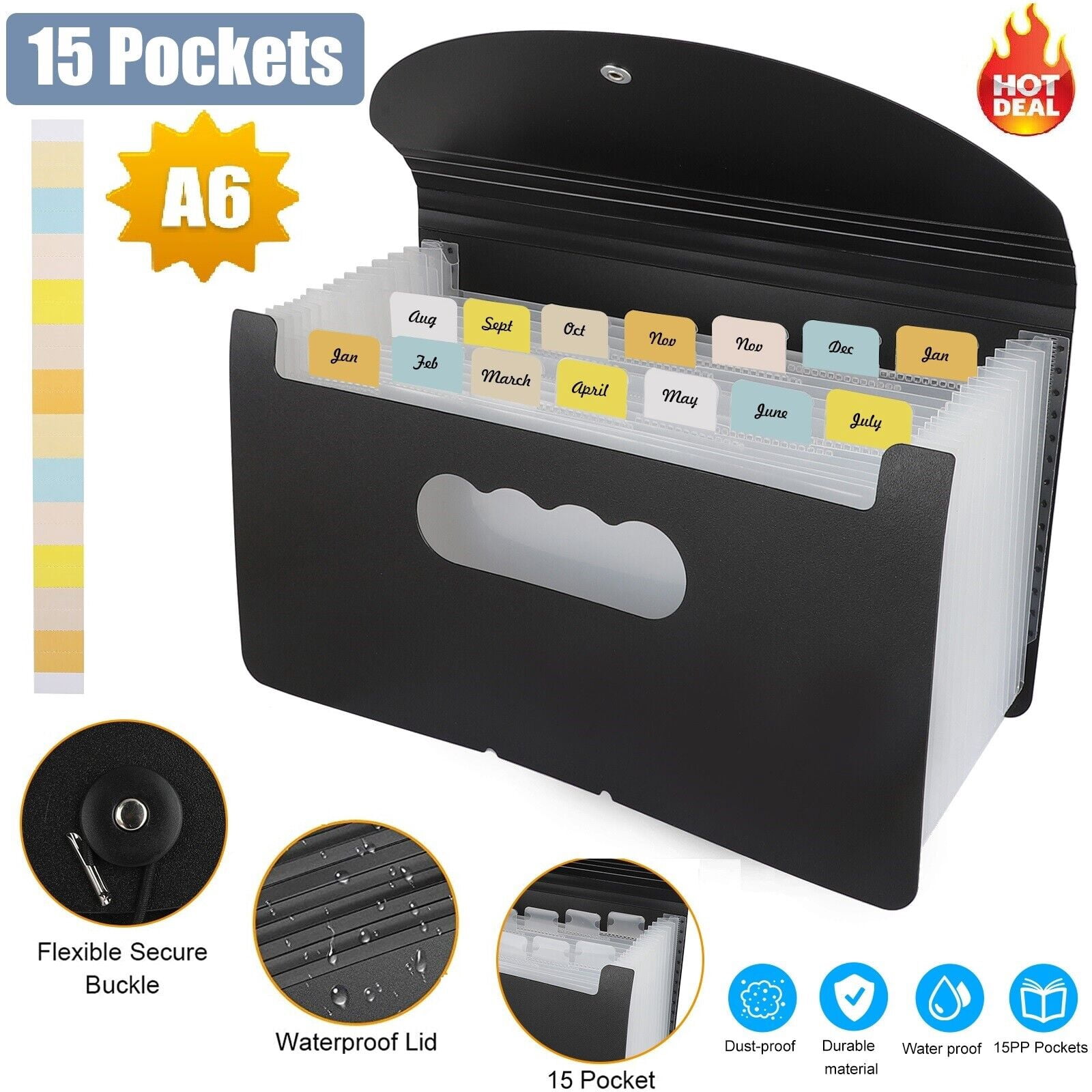 Waterproof 15 Pockets Expanding File Folder Organizer for Letter Paper ...