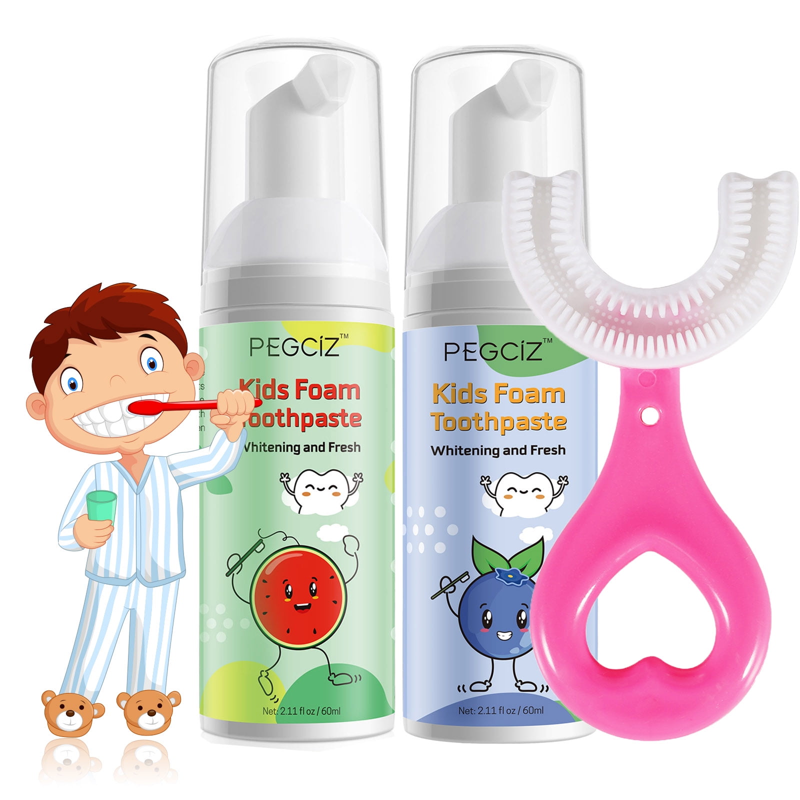 Pegciz Kids Foam Toothpaste (Watermelon/Blueberry), U Toothbrush, Low ...