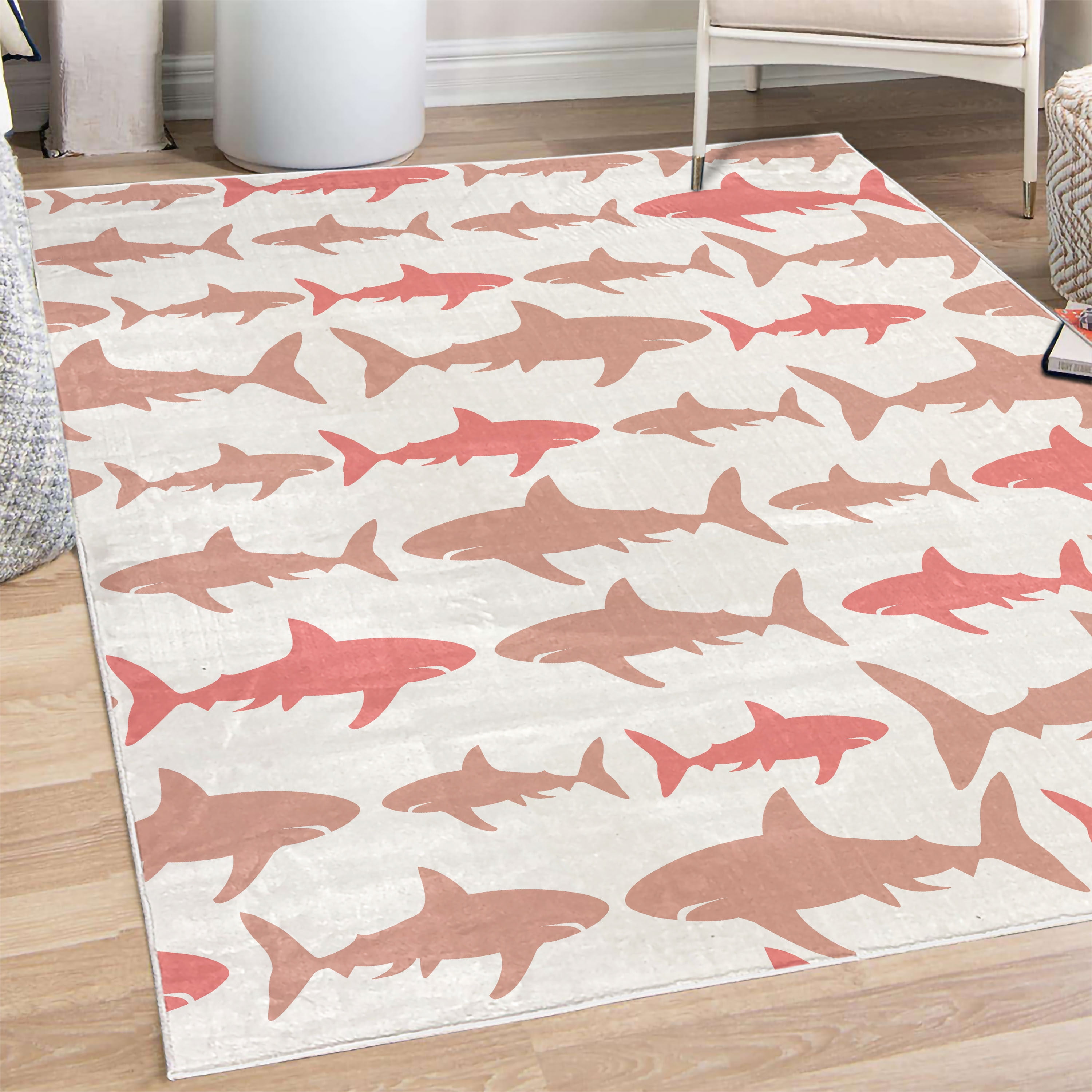 Sea Animals Decorative Rug, Monochrome Shark Illustration Fashion ...