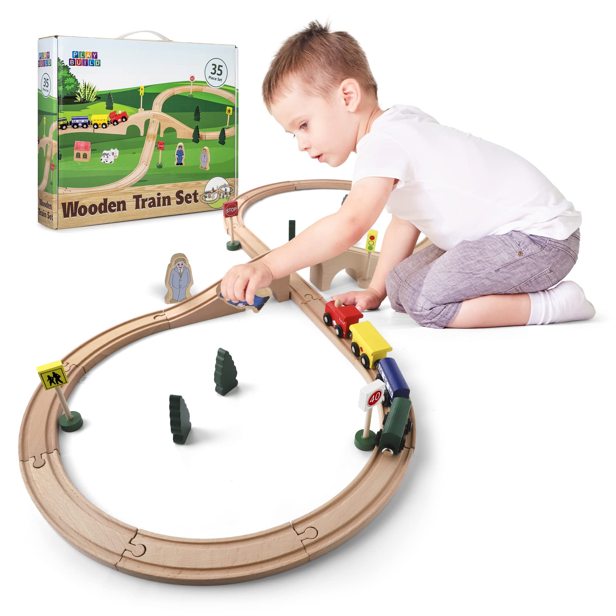 Play Build Wooden Train Set, Complete Toddler Train Set, 35 Piece ...