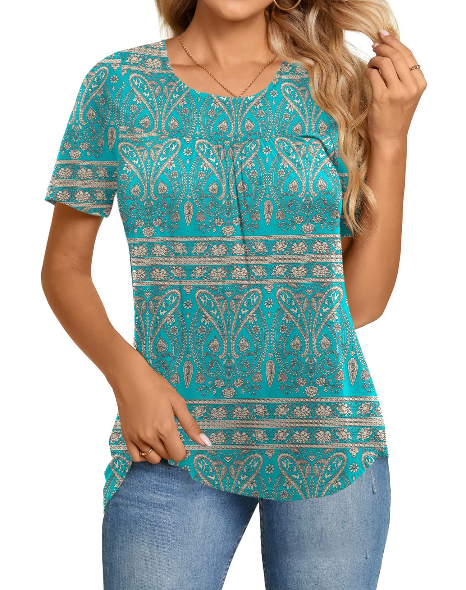 Letdiosto Womens Plus Size Tops Short Sleeve Shirts Lace Pleated Tunic