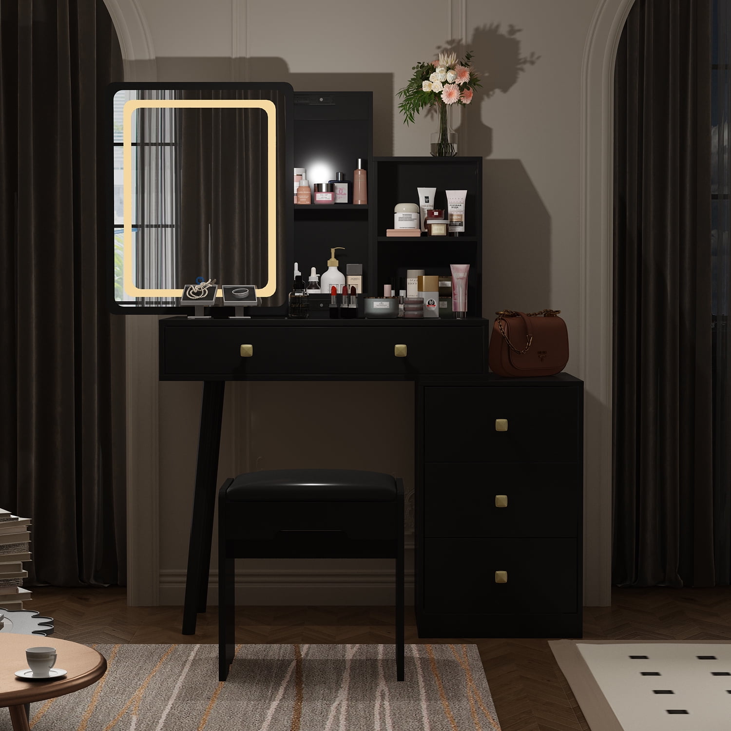 FUFU&GAGA Makeup Vanity Desk Set with Sliding Lighted Mirror and ...