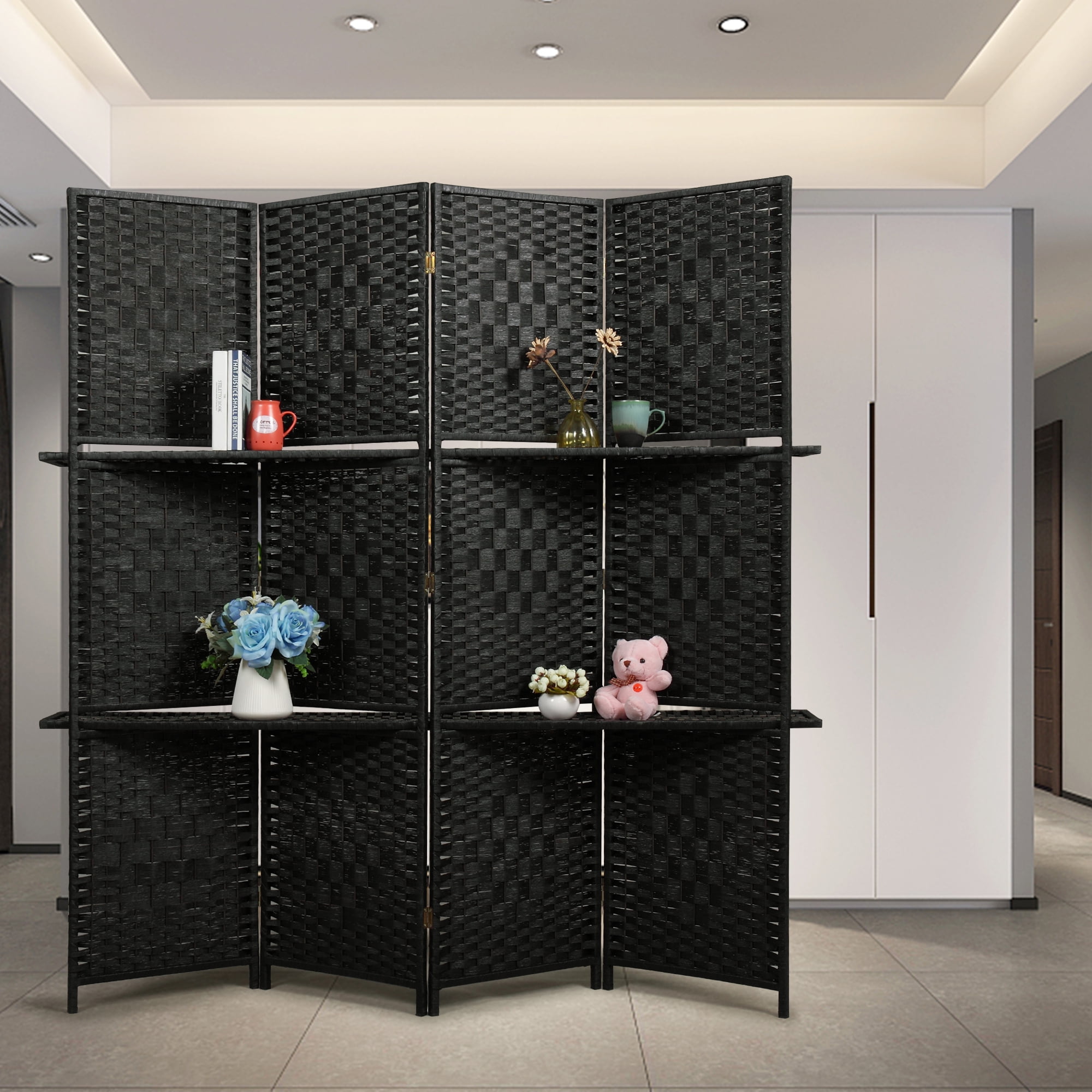 Resenkos Portable Folding 4 Panel Office Divider with 3 Shelves, Weave ...