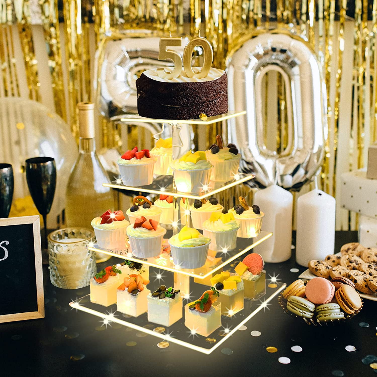 Sekkvy 4 Tier Square Acrylic Cupcake Display Stand Holder with LED for ...