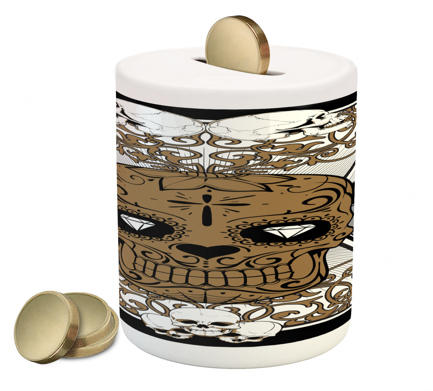 Tattoo Piggy Bank, Skull Diamond Eyes and Floral Theme Vine Art Shape ...