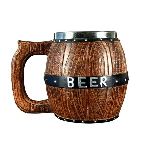 EASTIN Bucket Shaped Stainless Steel Beer Mug with Handle Wooden Beer ...