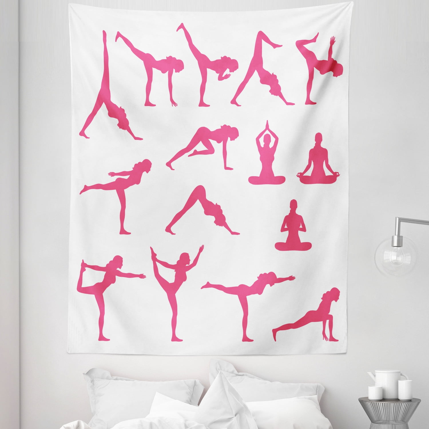 Yoga Tapestry, Pink Women Silhouettes in Different Yoga Positions ...