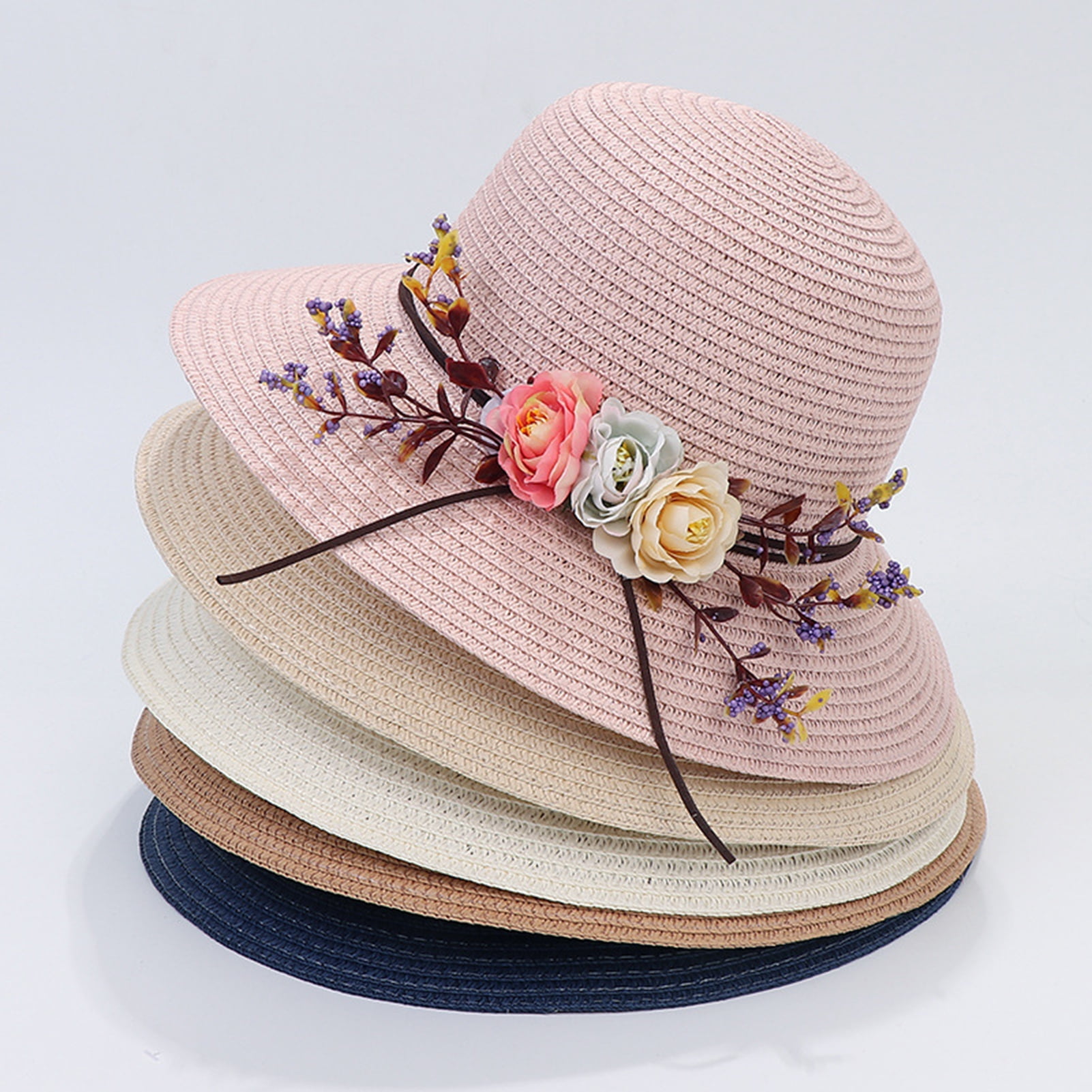 Summer Hat Flower Decor Round Dome Sun Hat Women Wide Brim Floppy Straw