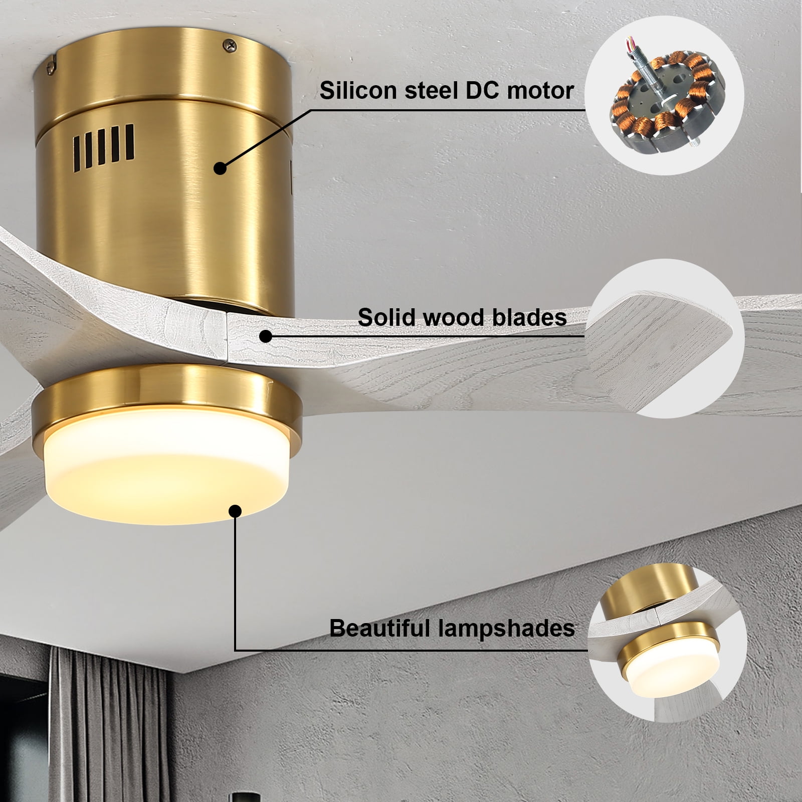 Buy Sofucor 52 Flush Mount Ceiling Fan W/ Light and Remote Control, 3 ...