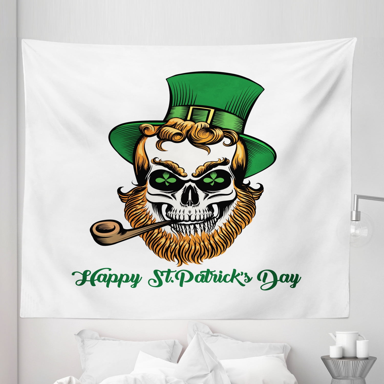Skull Smoking Tapestry, Image of Leprechaun Skeleton Head and Shamrock ...