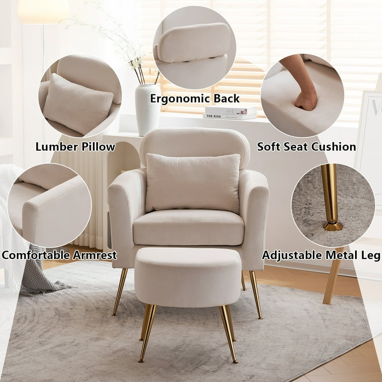Ktaxon Accent Chair with Ottoman Set Flannel Upholstered Single Sofa with Lumber Pillow Armchair with Armrests and Footrest for Bedroom Living
