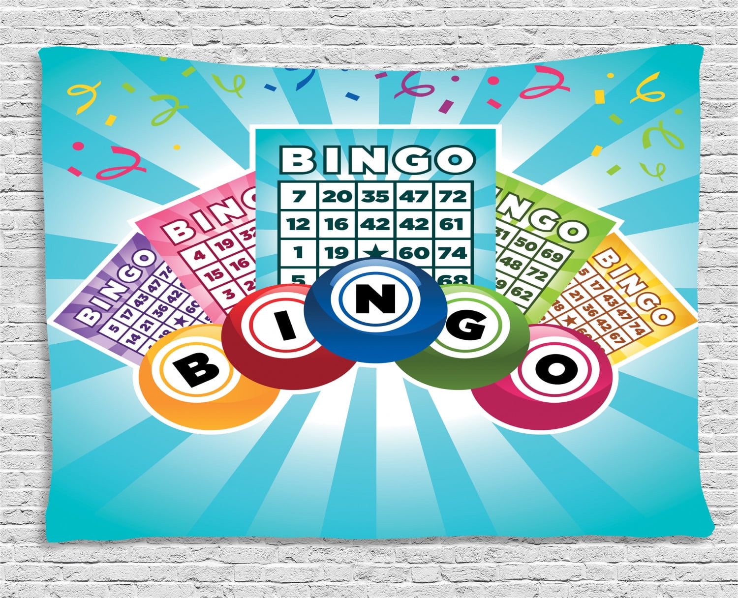Bingo Tapestry, Colorful Illustration of Bingo Cards and Balls on Blue ...