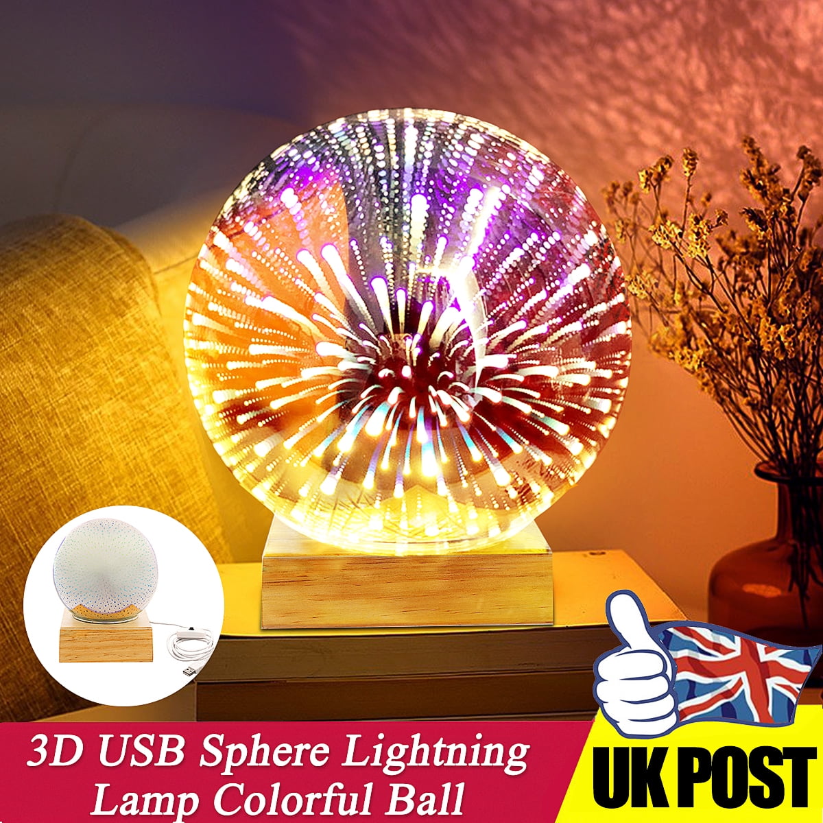 3D Fancy Fireworks Night Light Glass Ball Bedside Desk Lamp Home Room ...