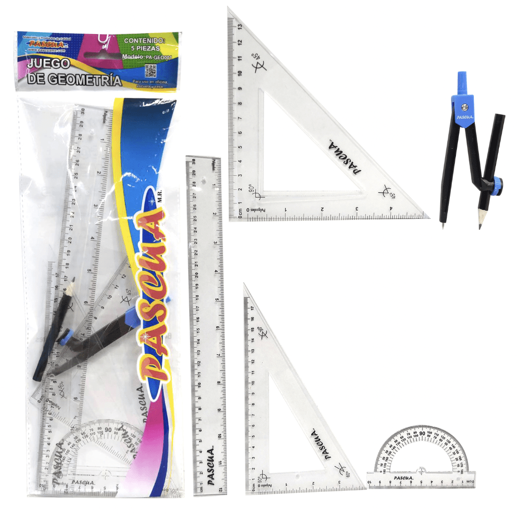 juego de geometría PASCUA con escuadra, cartabón, regla y semicírculo ...