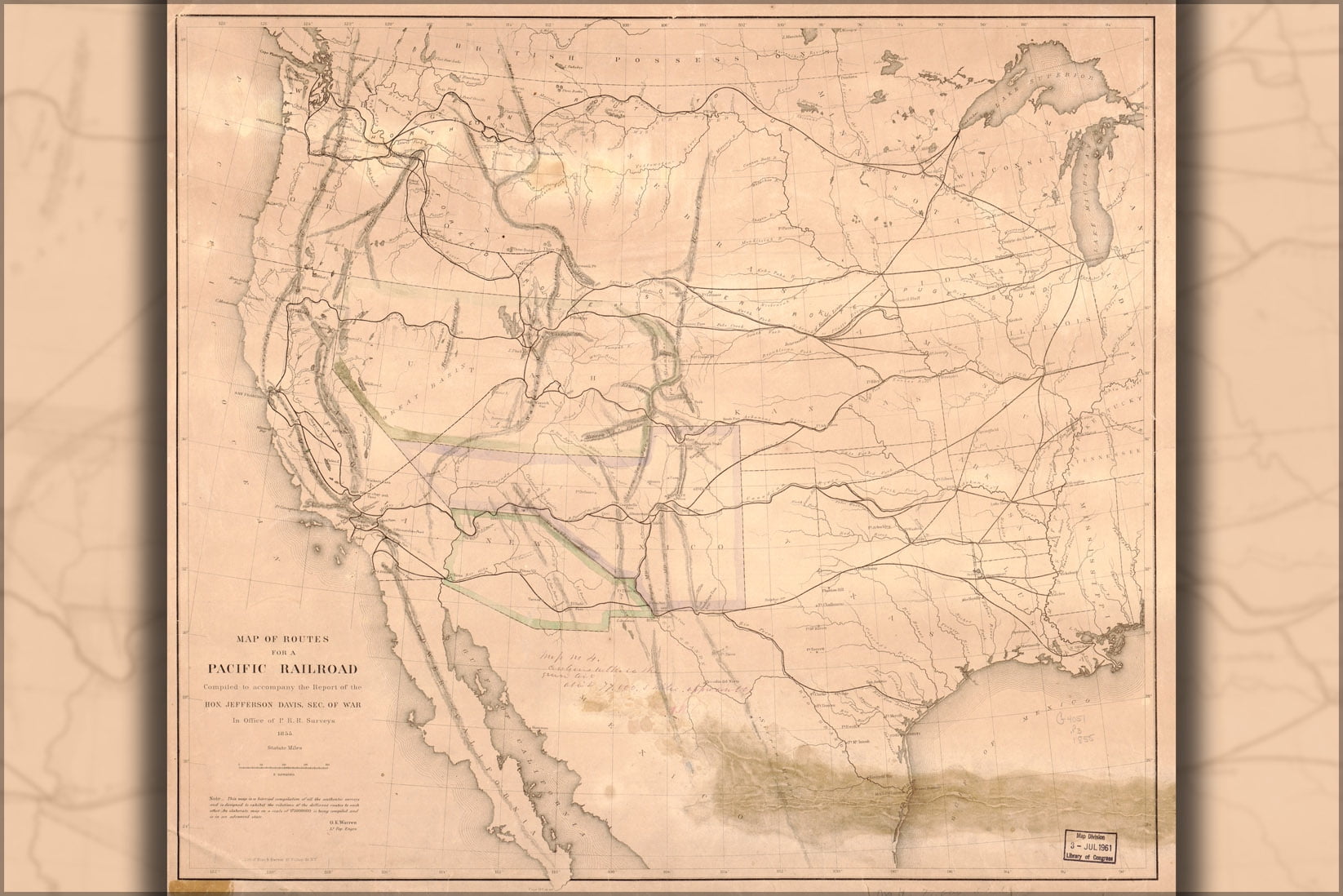 24"x36" Gallery Poster, Map of transcontinental railroad routes 1855 ...