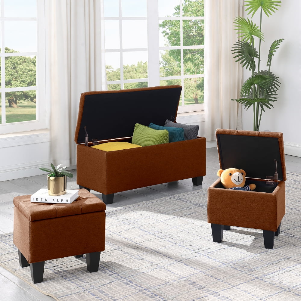 3 Piece Tufted Storage Ottoman Benches Set, Linen Upholstered End of ...