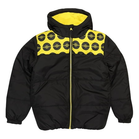 Official Kids Pokemon Puffer Jacket Text Logo Boys Girls Hooded Zip Up ...