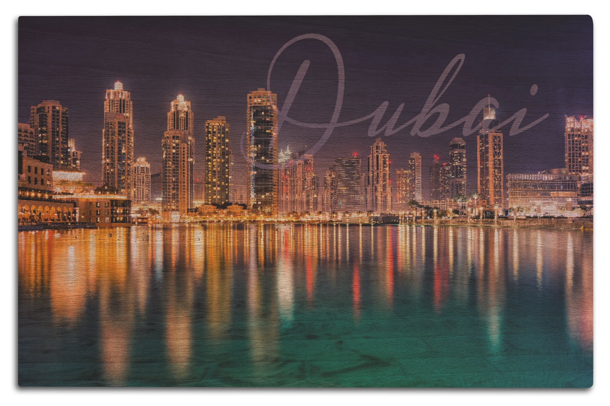 Dubai, United Arab Emirates, City Skyline at Night Birch Wood Wall Sign ...