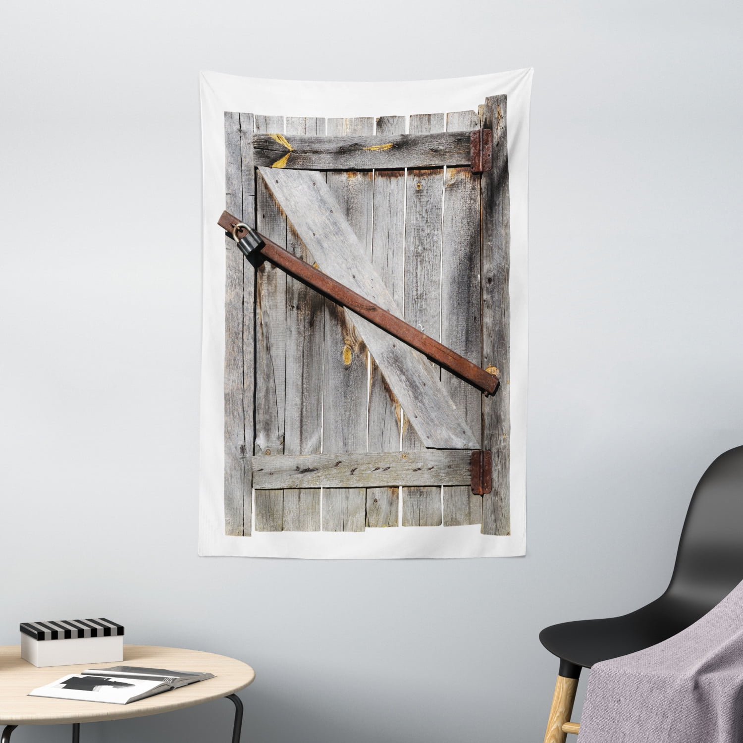 Rustic Tapestry, Aged Wood Barn Door with Rusty Crossed Locks Abandoned ...
