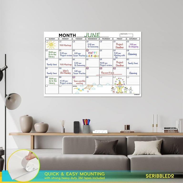 12 Month Dry Erase Calendar For Wall Large 36"x48" White Board Calendar ...